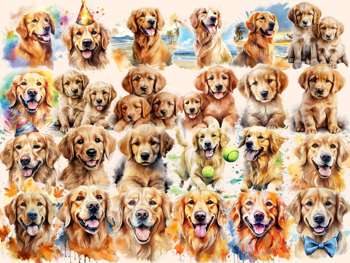 Golden Retriever Watercolor Clipart Bundle: 213 Puppy PNG Images ...