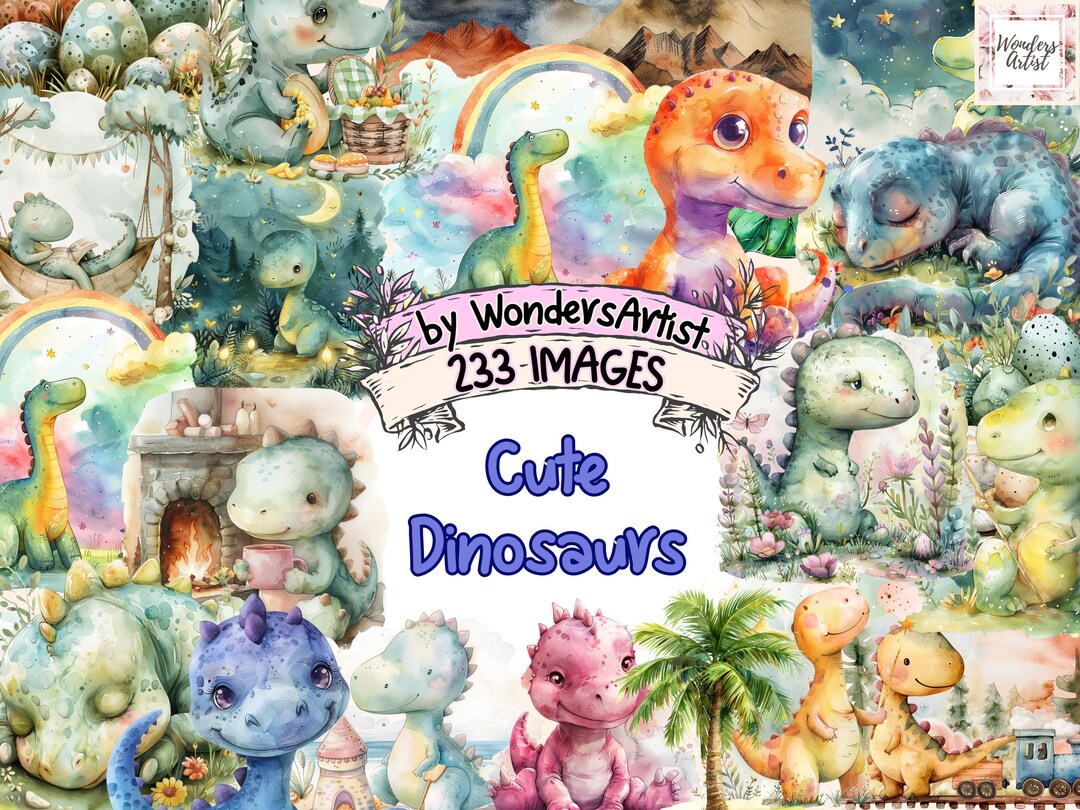 Cute Dinosaurs Watercolor Clipart Bundle - 233 PNG Sweet Dinosaur ...