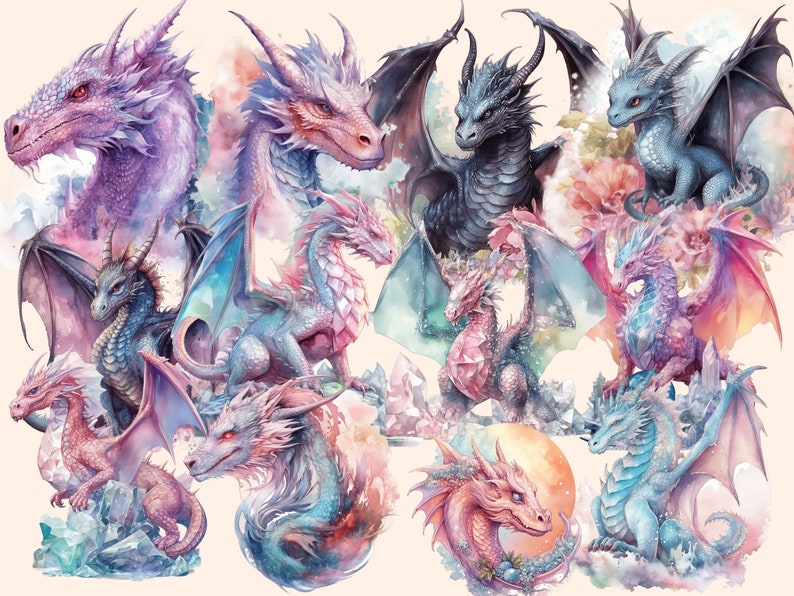 Elemental Dragons Watercolor Clipart Bundle 115 Magical - Etsy