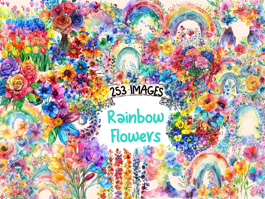 Rainbow Flowers Watercolor Clipart Bundle - 253 PNG Multicolored Floral ...