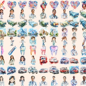 Watercolor Medical Clipart Bundle: 528 PNG Healthcare Graphics (digital ...
