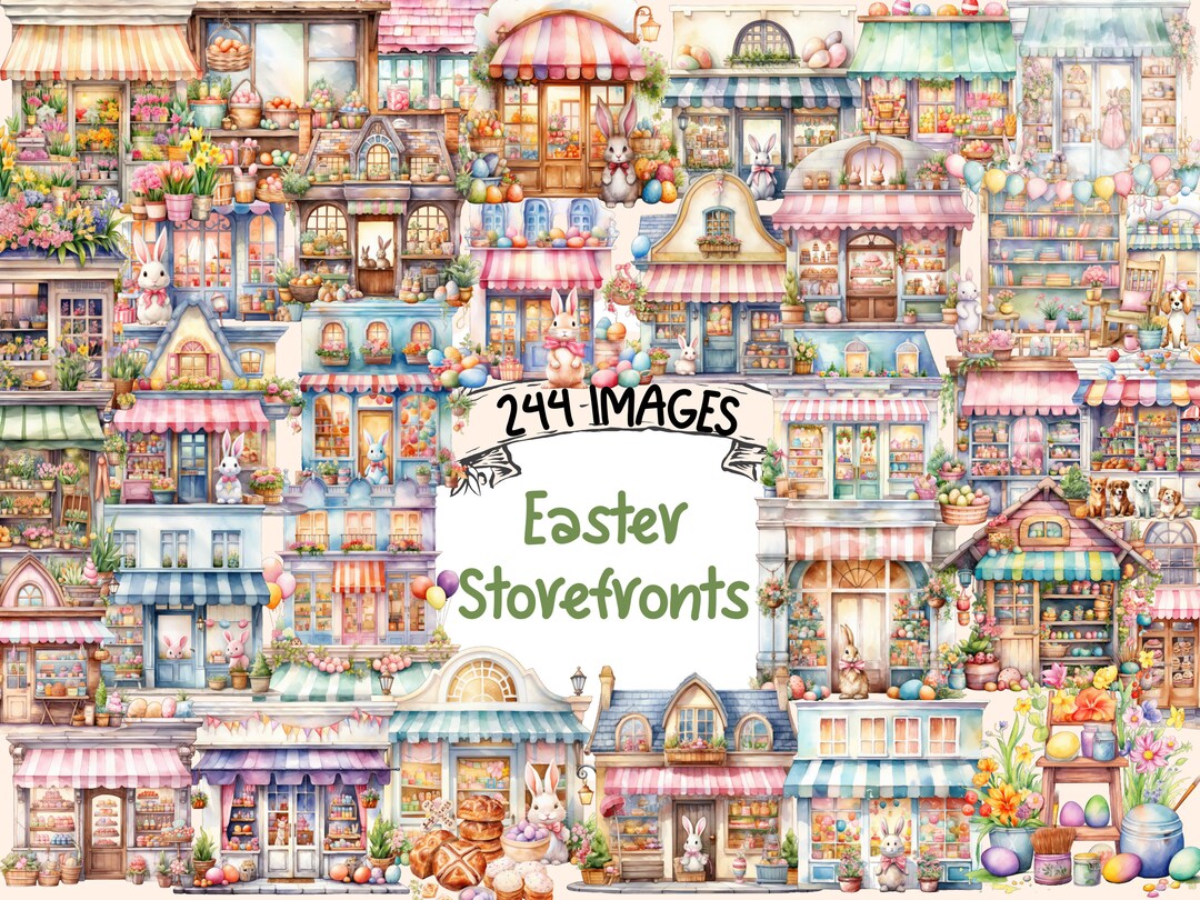 Easter Storefronts Watercolor Clipart Bundle - 244 PNG Easter Shop ...