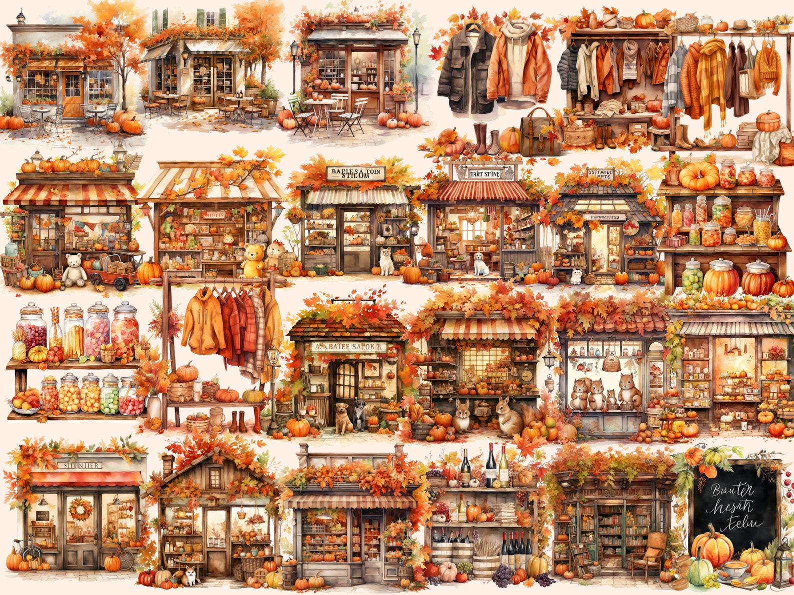 Watercolor Autumn Storefront Clipart Bundle: 128 Fall Shop PNG Graphics ...