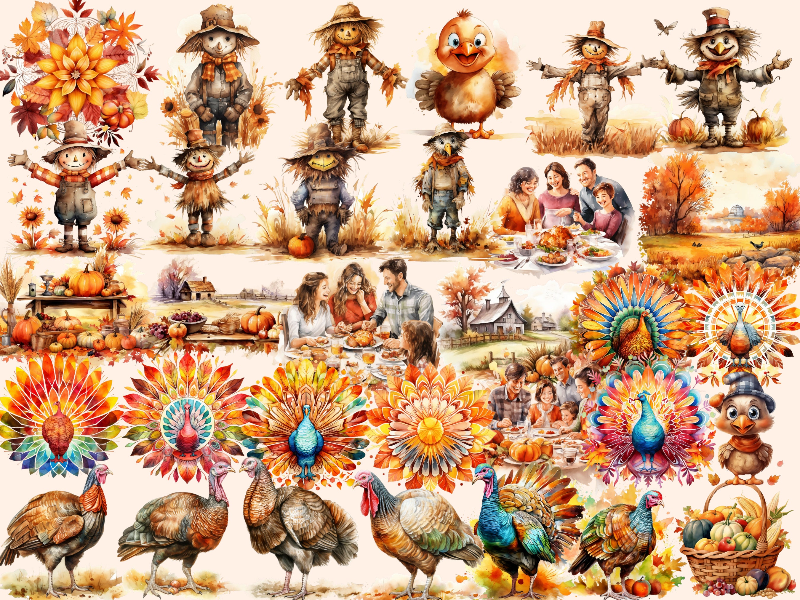 Thanksgiving Watercolor Clipart Bundle: 213 Festive PNG Images (digital ...