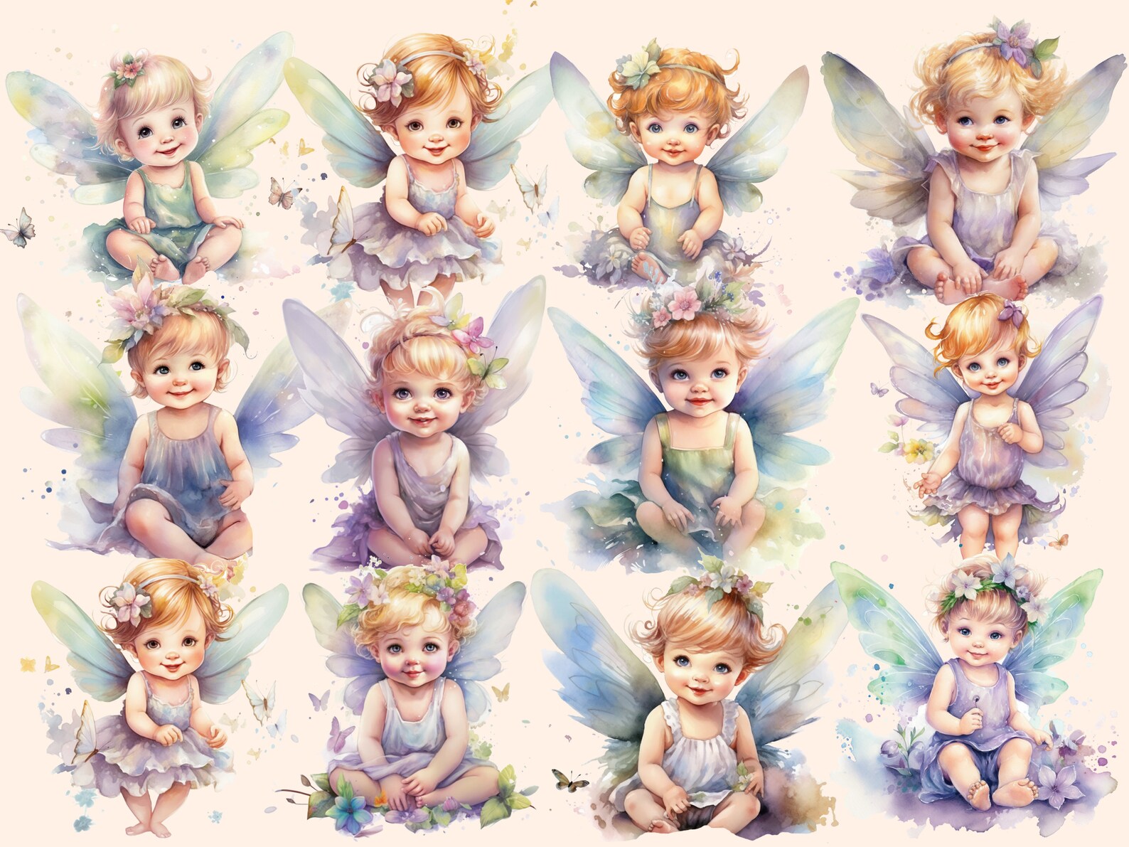 Butterfly Babies Watercolor Clipart Bundle: 60 PNG Images (digital ...