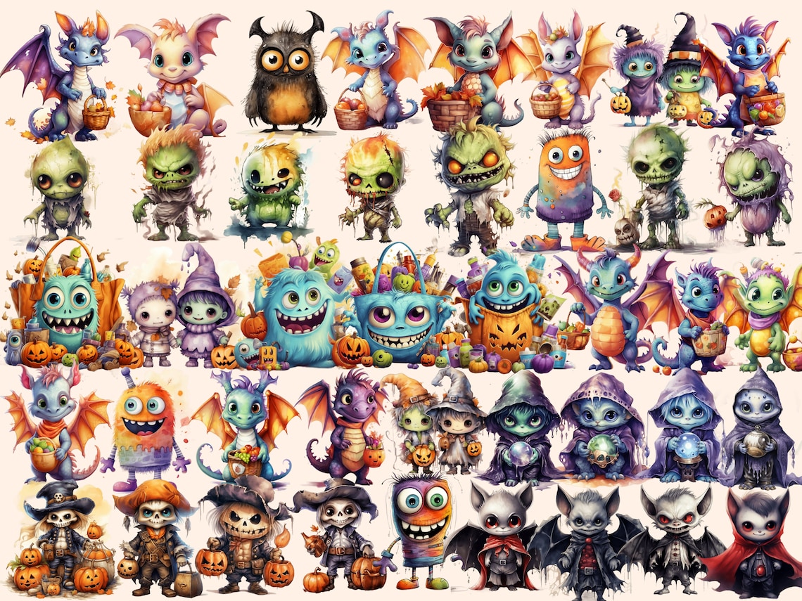 Watercolor Halloween Monster Clipart Bundle: 343 PNG Spooky Images ...