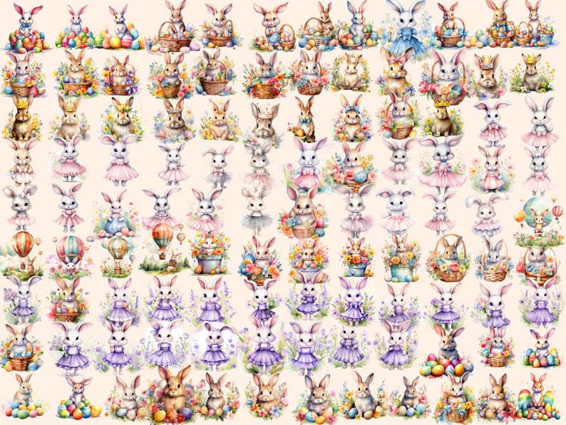 Easter Bunnies Watercolor Clipart Bundle: 447 PNG Images (commercial ...