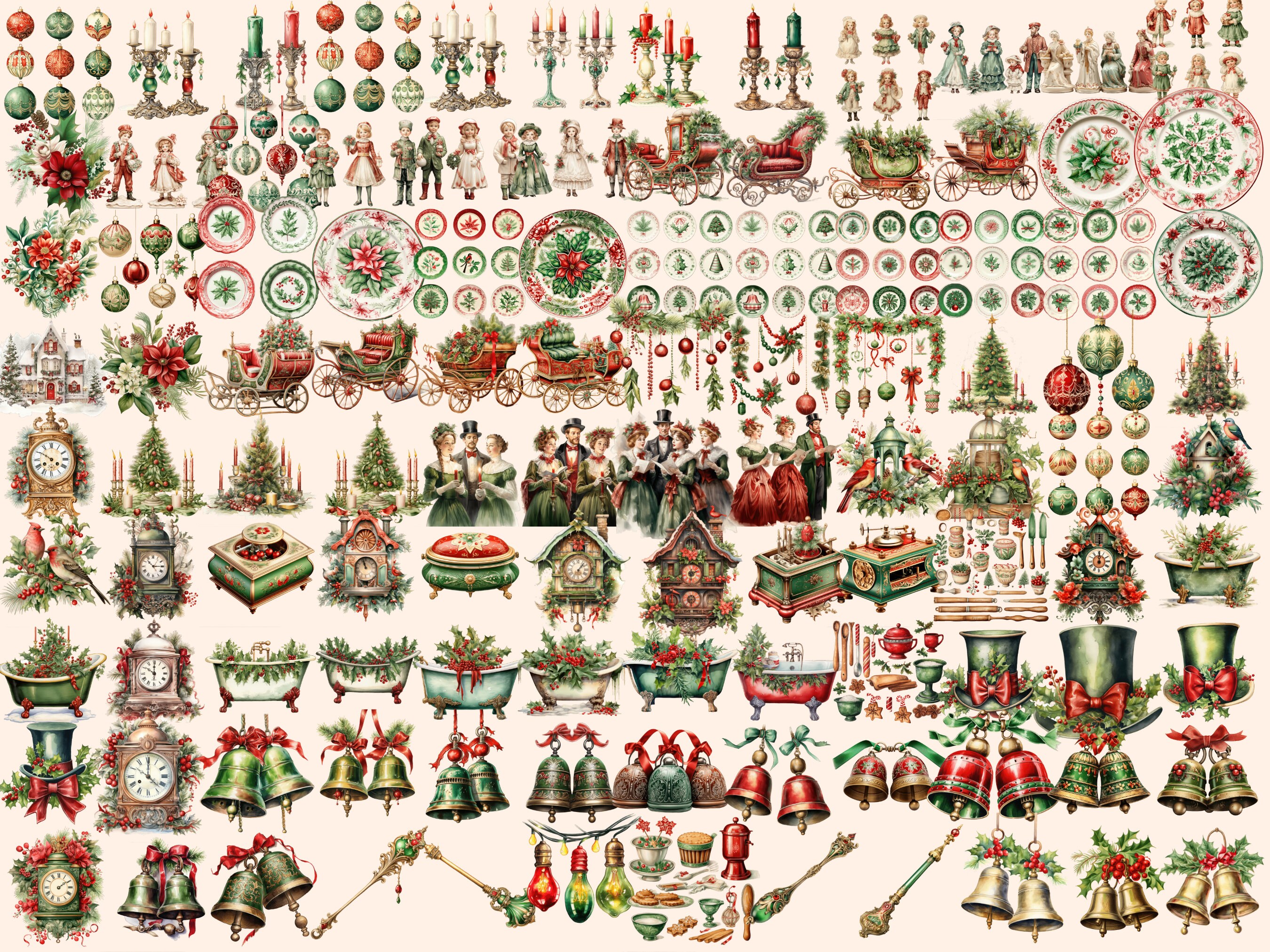 Christmas Antiques Watercolor Clipart Bundle: 518 Vintage Holiday ...