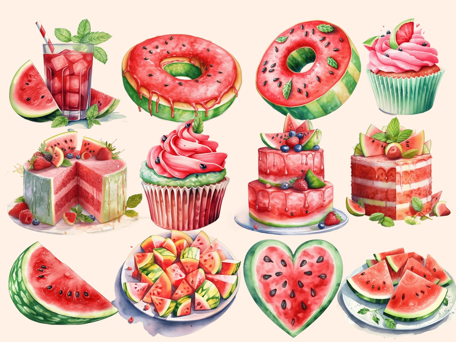 Watermelon Watercolor Clipart Bundle 53 PNG Images of Refreshing Summer ...