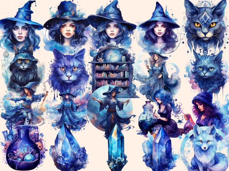 Celestial Witches Watercolor Clipart Bundle: 145 Fantasy PNG Images ...