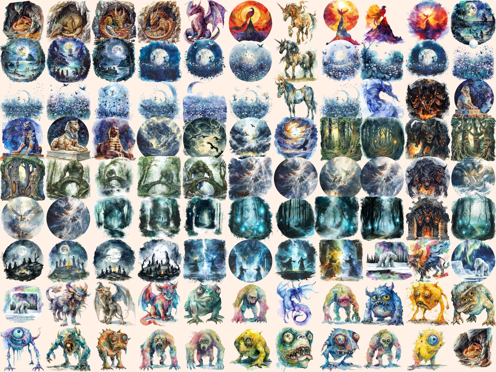 Watercolor Mythical Creatures Clipart Bundle: 728 Fantasy PNG Images ...