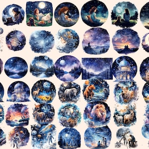 Stargazing Watercolor Clipart Bundle - 300 PNG Celestial Sky Images ...