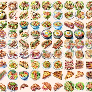 Lunch Foods Watercolor Clipart Bundle - 299 PNG Tasty Midday Meal ...