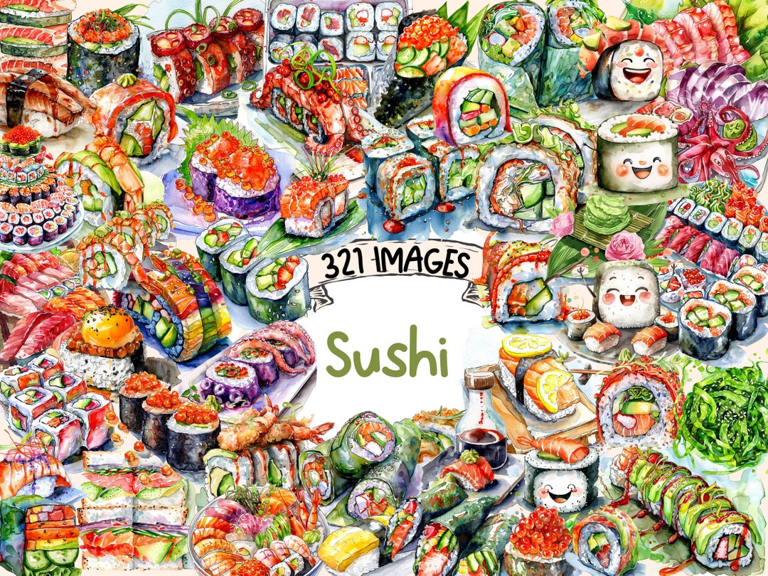 Sushi Watercolor Clipart Bundle - 321 PNG Assorted Sushi Roll Images ...