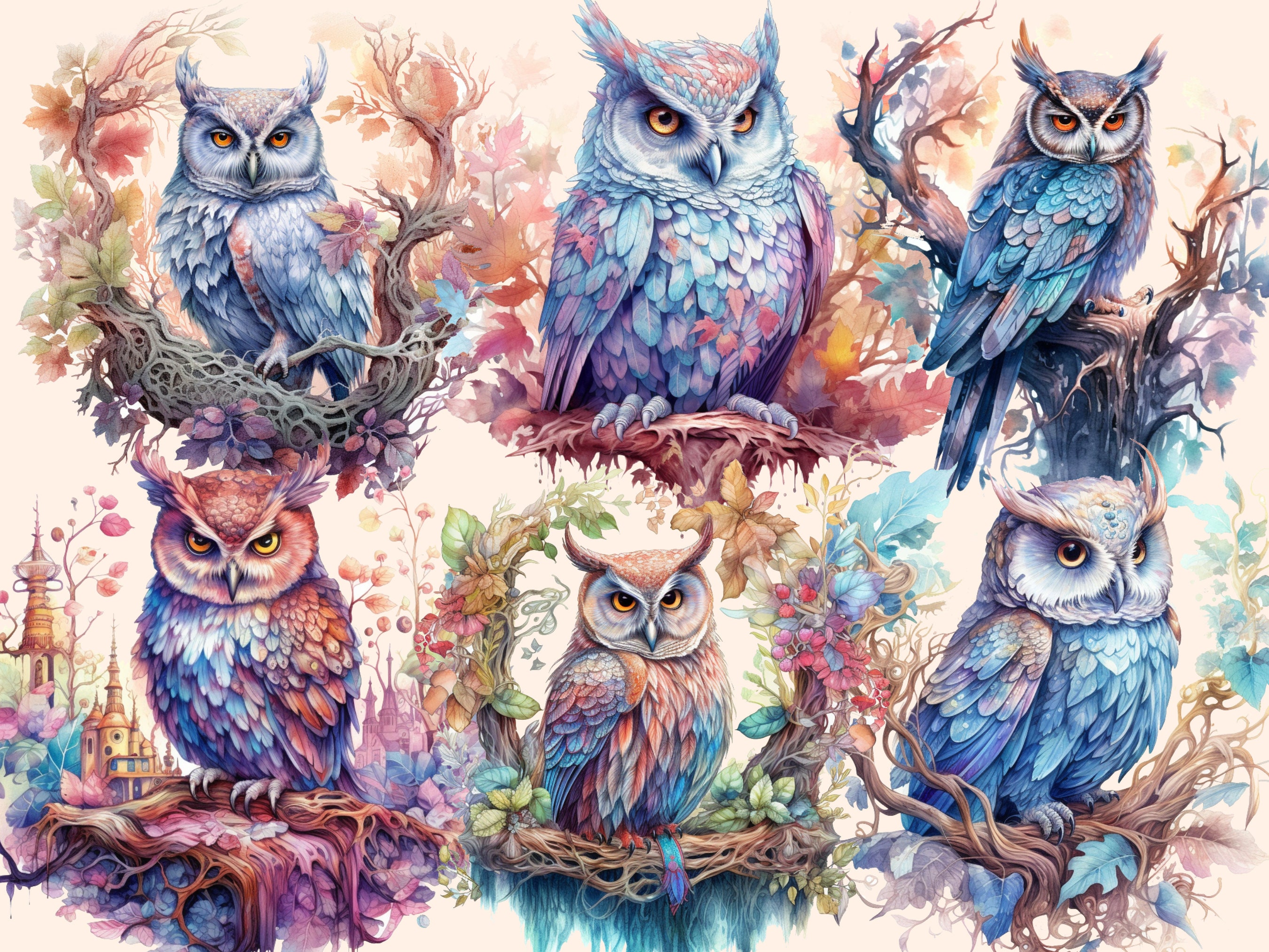 Watercolor Owl Clipart Bundle: 52 Fairytale Illustrations (PNG Digital ...