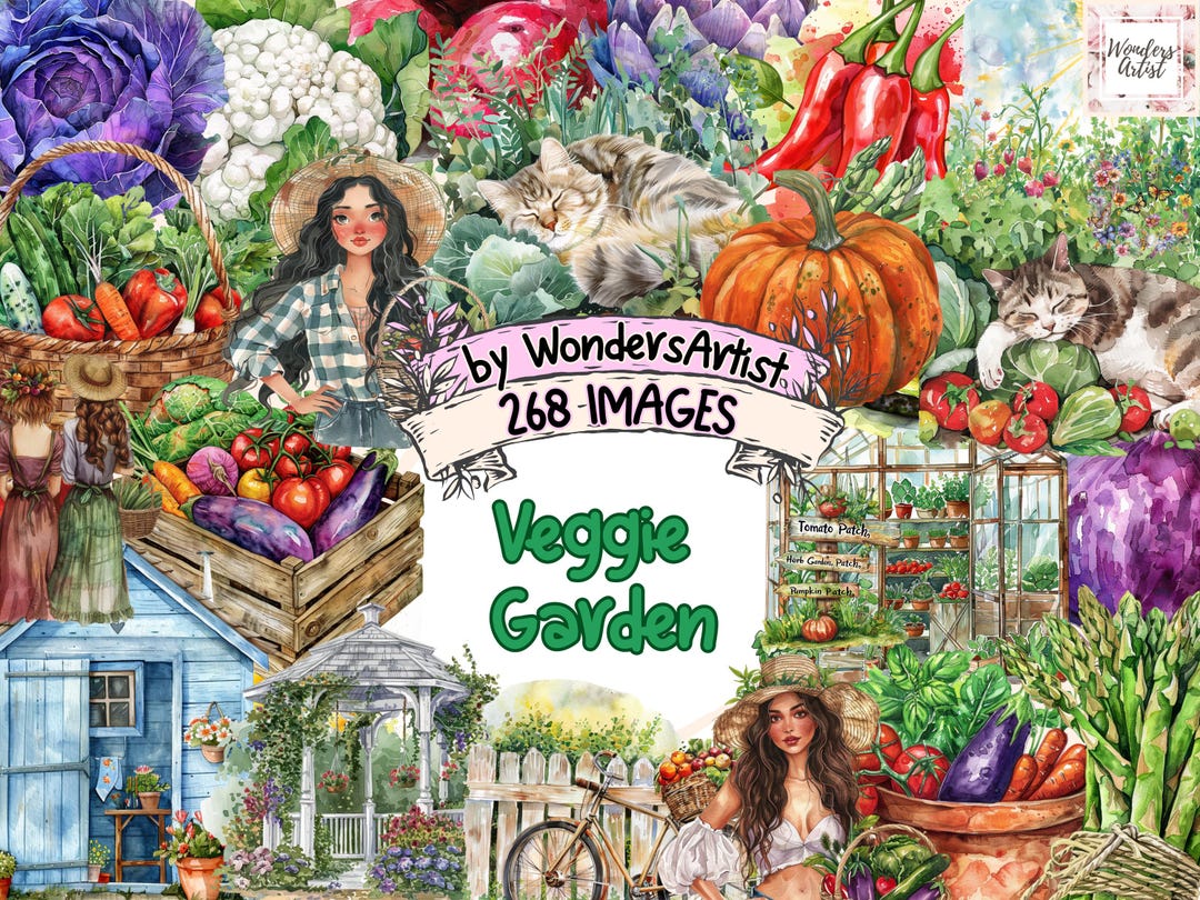 Veggie Garden Watercolor Clipart Bundle - 268 PNG Fresh Vegetable ...