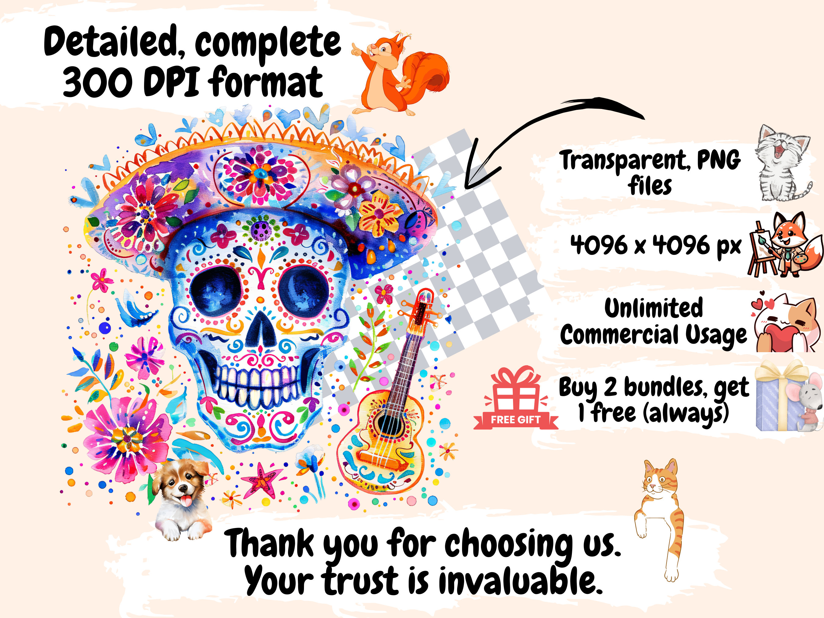 Sugar Skulls Watercolor Clipart Bundle: 513 PNG Images (digital ...