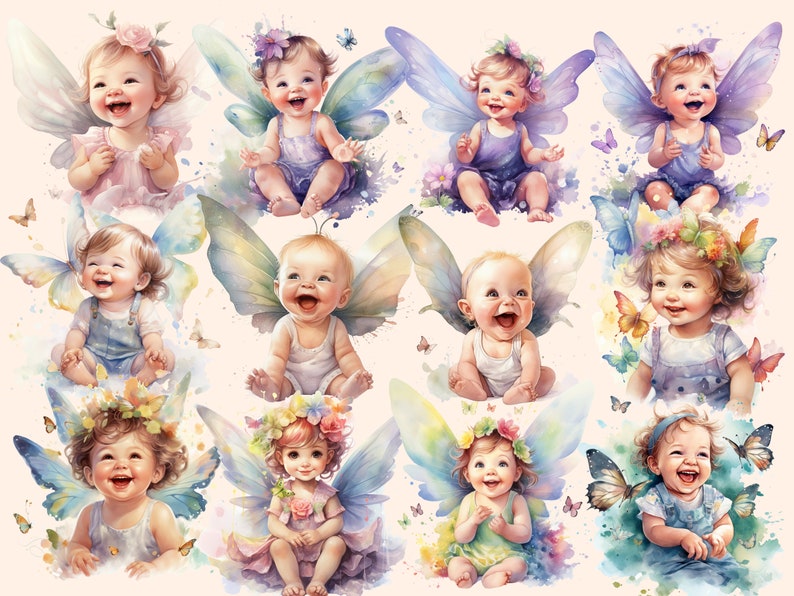 Butterfly Babies Watercolor Clipart Bundle: 60 PNG Images (digital ...