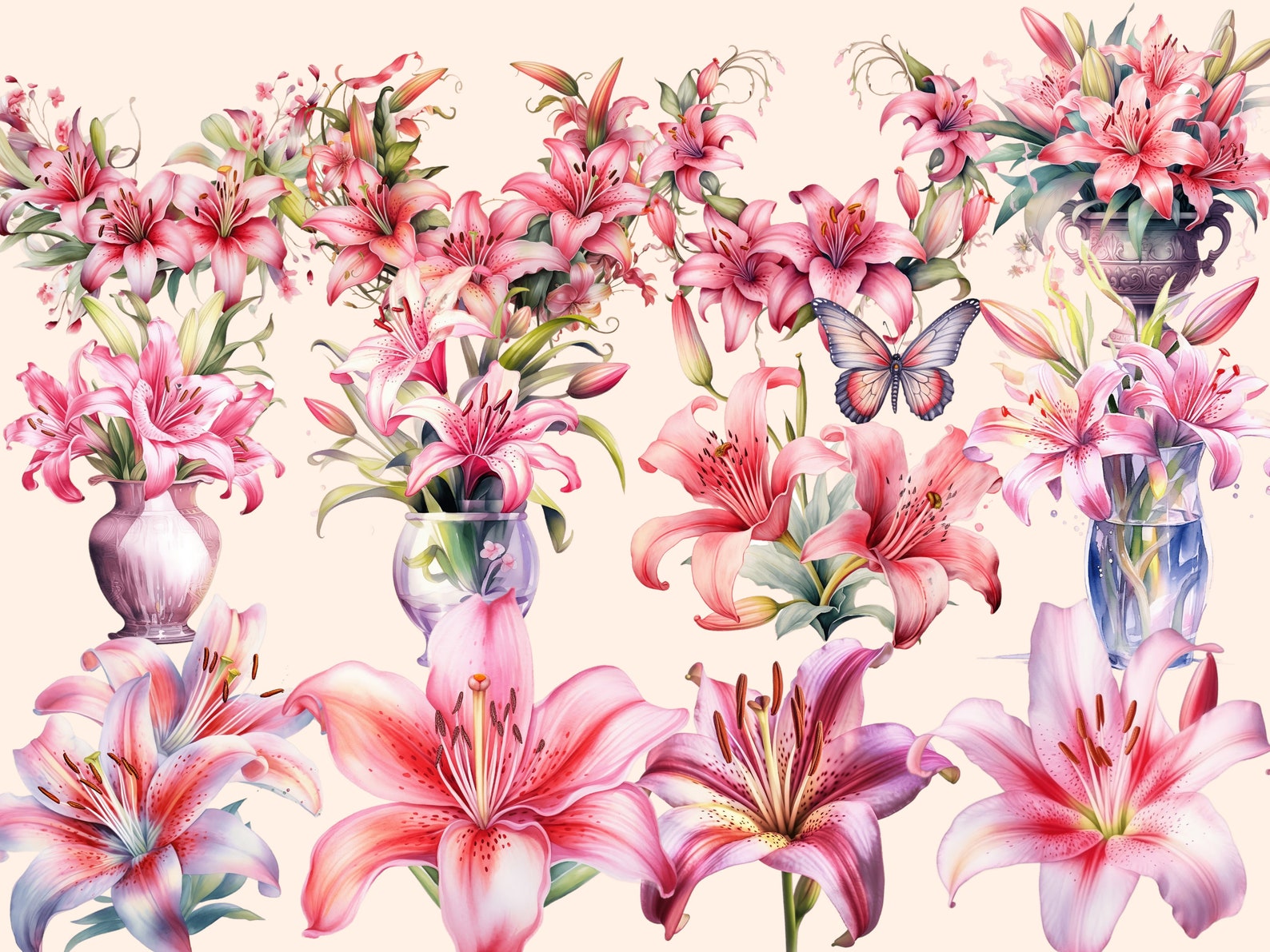 Pink Lilies Watercolor Clipart Bundle: 101 Floral PNG Images (digital ...