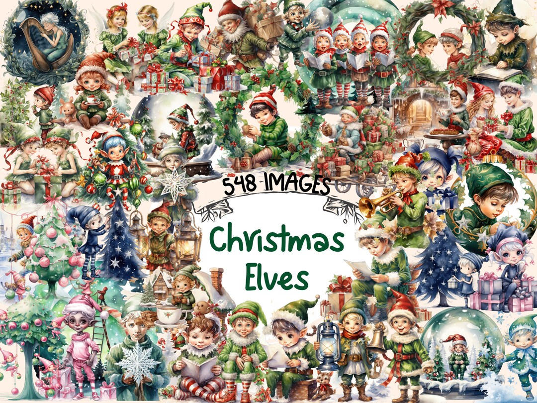 Christmas Elves Watercolor Clipart Bundle - 548 PNG Festive Elf Images ...