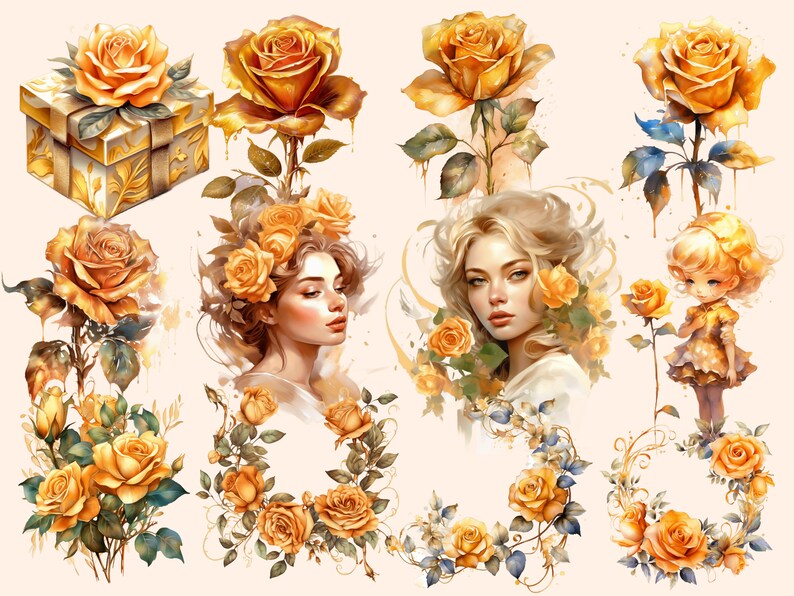 Golden Roses Watercolor Clipart Bundle 108 PNG Images - Etsy