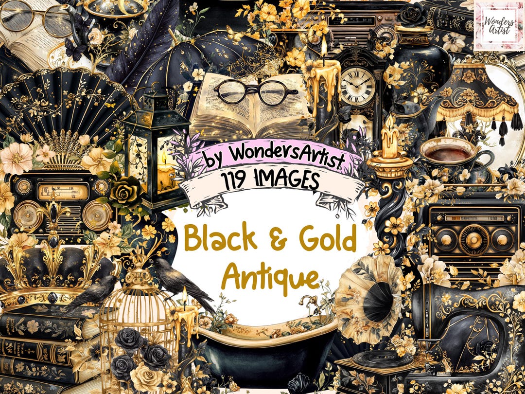 Black & Gold Antique Watercolor Clipart Bundle - 119 PNG Beautiful ...