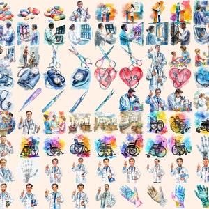 Watercolor Medical Clipart Bundle: 528 PNG Healthcare Graphics (digital ...