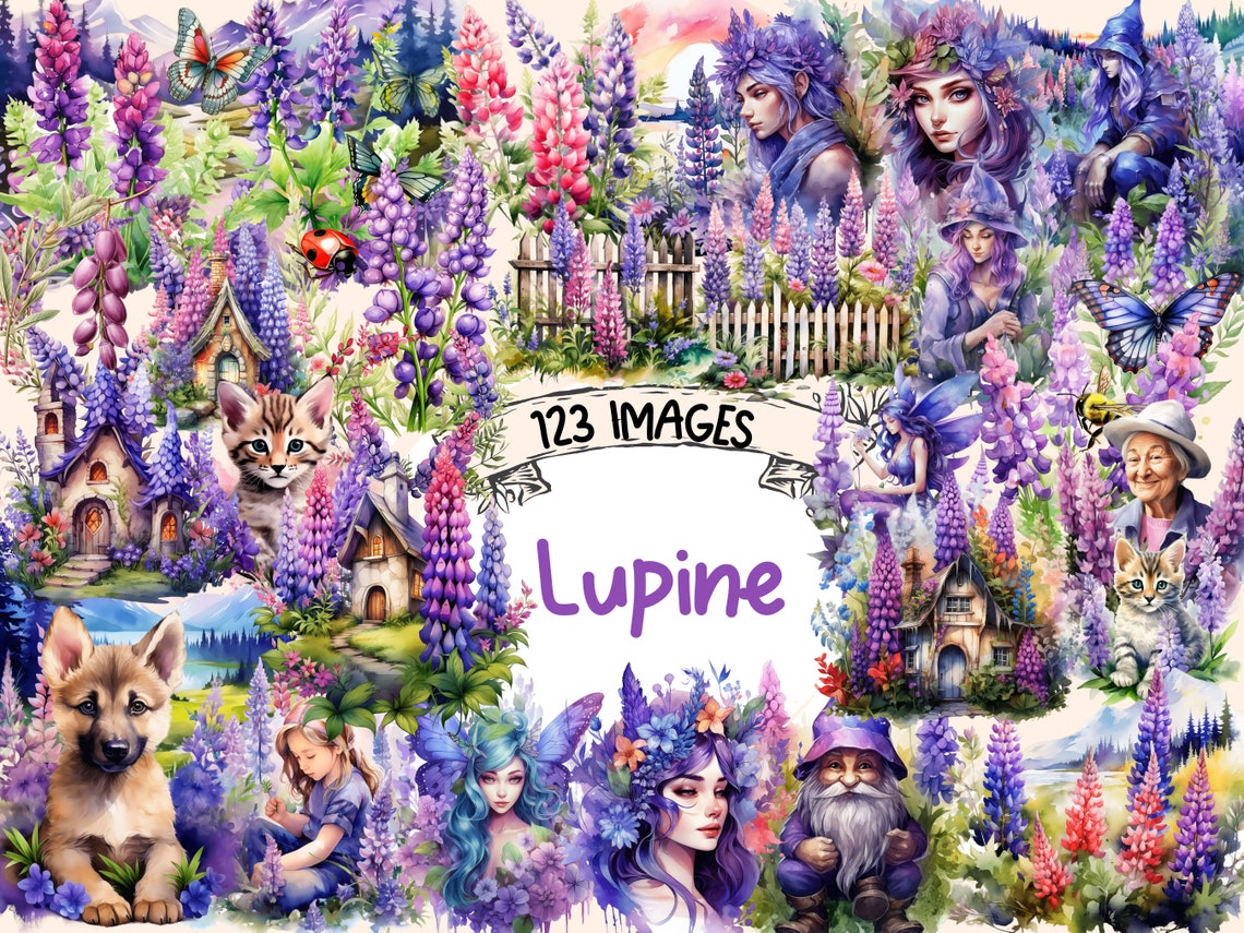 Lupine Watercolor Clipart Bundle: 123 PNG Flower Images (digital ...