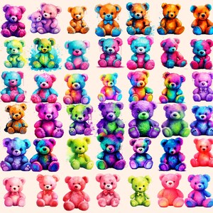 Neon Teddies Watercolor Clipart Bundle -148 PNG Fluorescent Teddy Bear ...