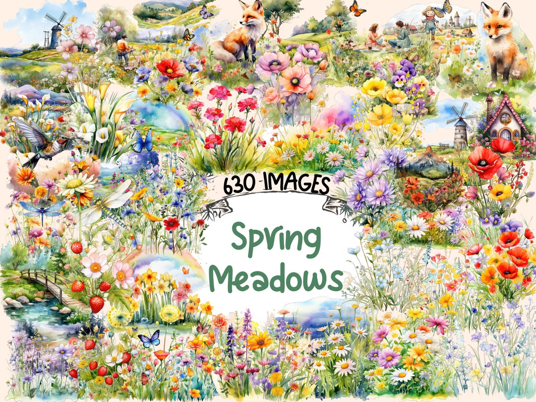 Spring Meadows Watercolor Clipart: 630 PNG Graphics (digital Download ...