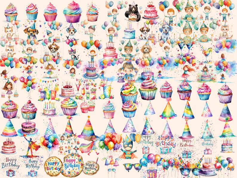 Watercolor Birthday Party Clipart Bundle: 531 PNG Images (digital ...