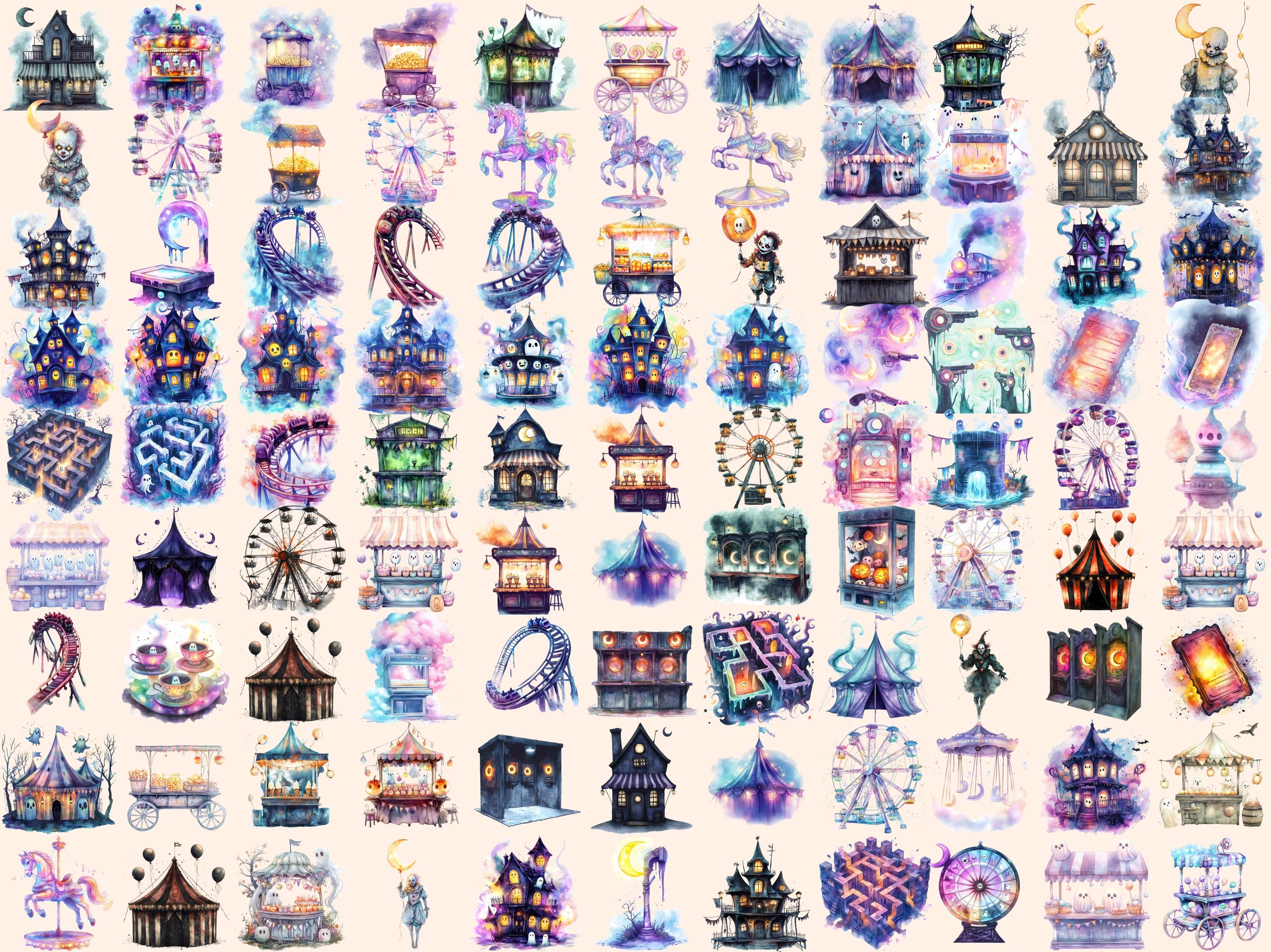 Haunted Carnival Watercolor Clipart: Spooky Circus Illustrations (148 ...