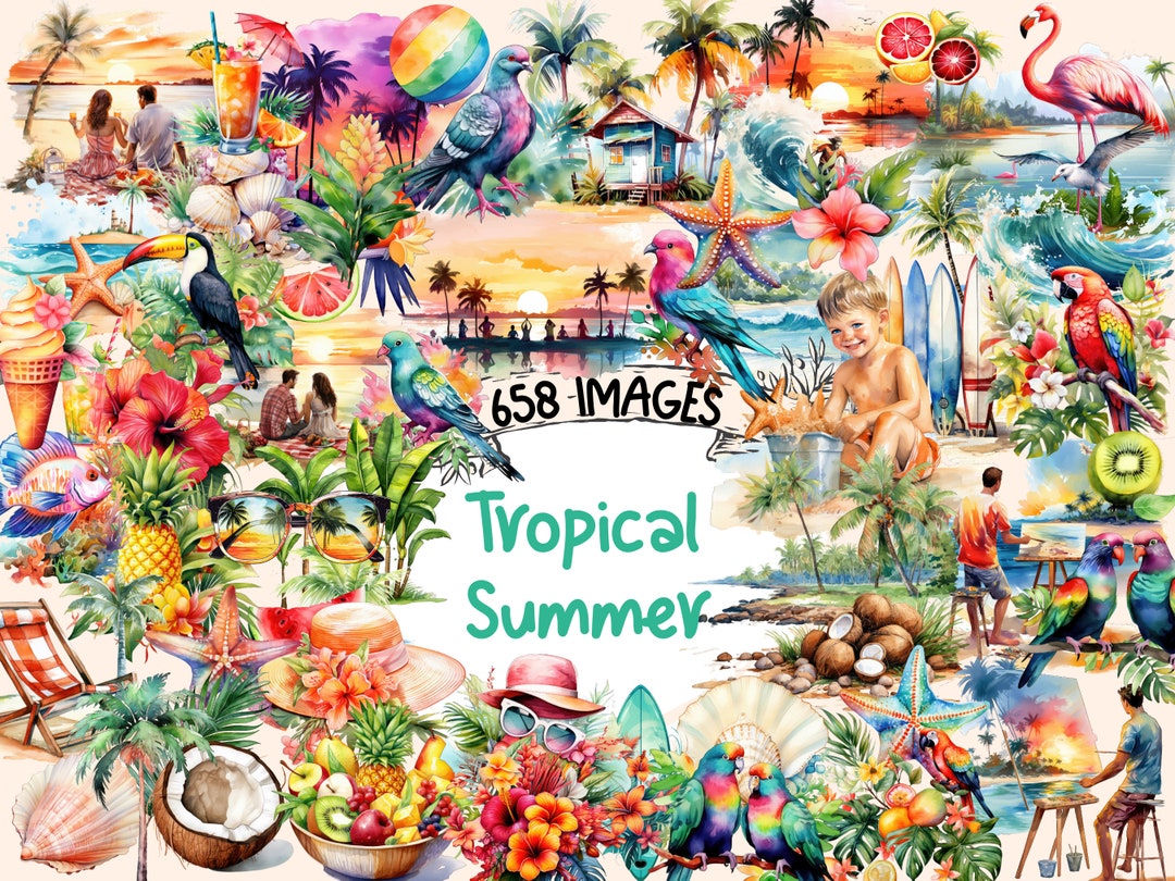 Tropical Summer Watercolor Clipart Bundle: 658 PNG Images (digital ...