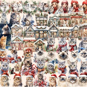 Christmas Cats Watercolor Clipart Bundle 518 PNG Festive Cozy Cat ...