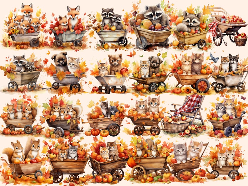 Fall Wheelbarrows Watercolor Clipart: Autumn Harvest Graphics (digital ...
