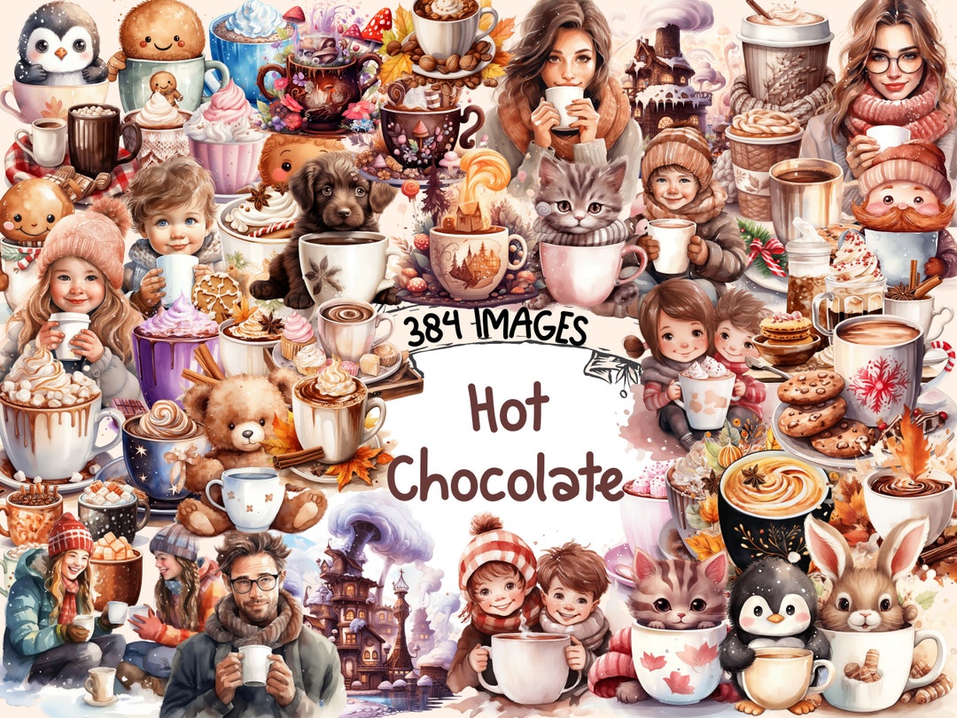 Hot Chocolate Watercolor Clipart Bundle - 384 PNG Hot Cocoa Images ...