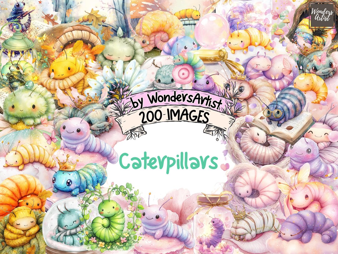 Caterpillars Watercolor Clipart - 200 PNG Whimsical Insect Graphics ...