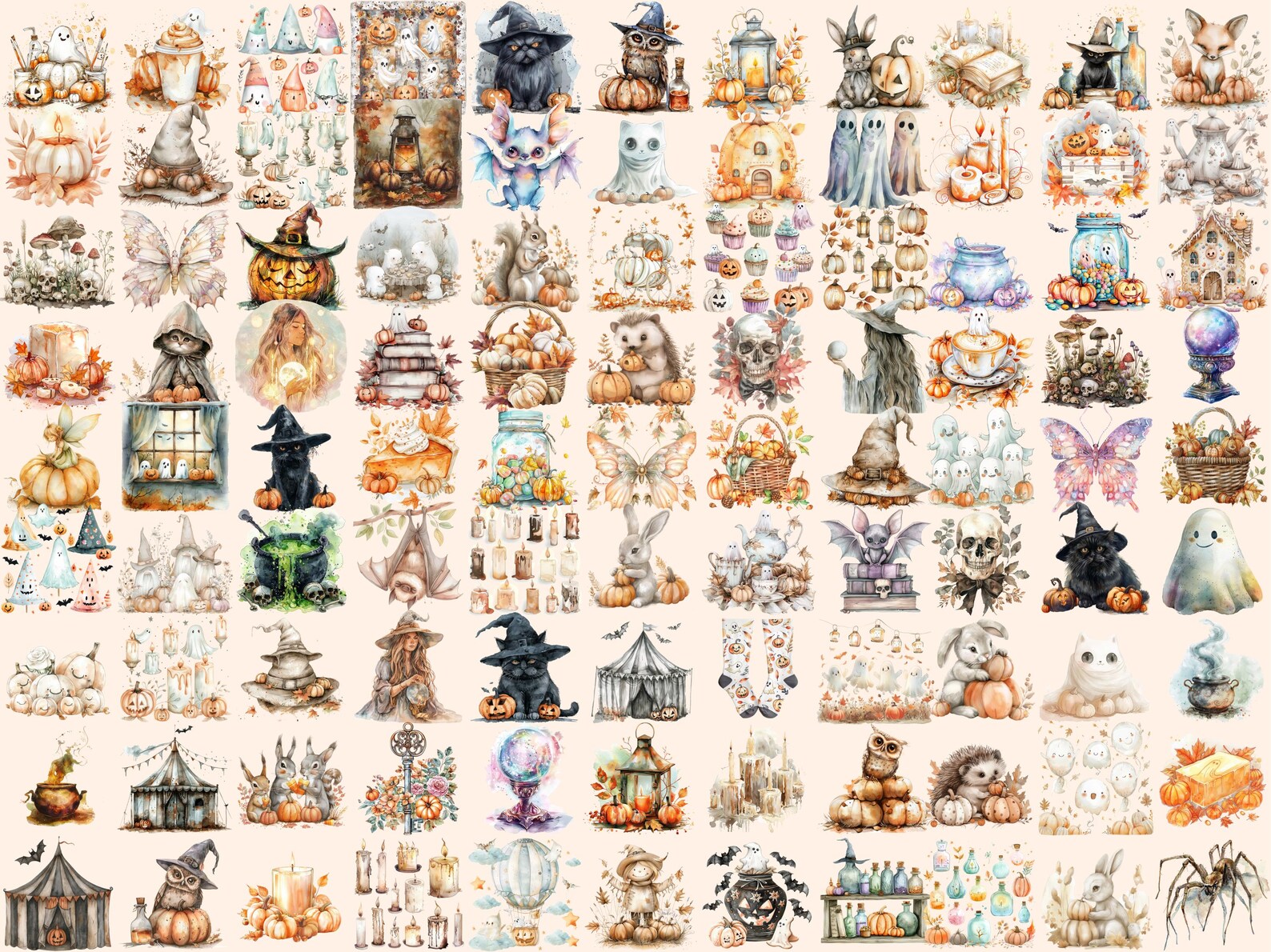 Beige Halloween Watercolor Clipart Bundle: 435 PNG Images (digital ...