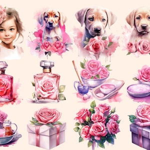 Pink Roses Watercolor Clipart Bundle - 87 PNG Images, Beautiful Floral ...