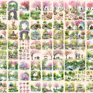 Spring Parks Watercolor Clipart Bundle - 450 PNG Springtime Park Scenes ...