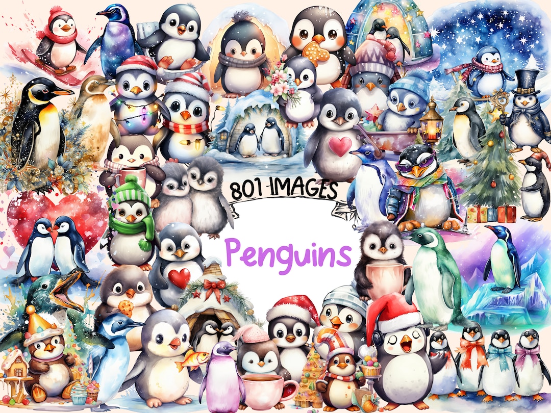 Penguins Watercolor Clipart Bundle - 801 PNG Adorable Penguin Images ...