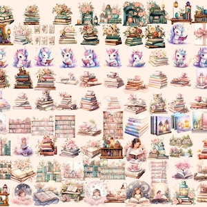 Cottagecore Books Watercolor Clipart Bundle: 836 PNG Images (digital ...