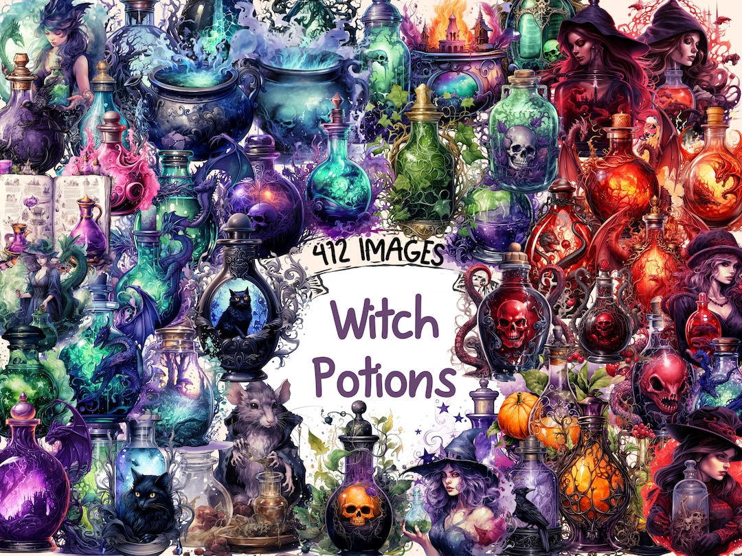 Watercolor Witch Potions Clipart Bundle: 412 PNG Graphics (digital ...