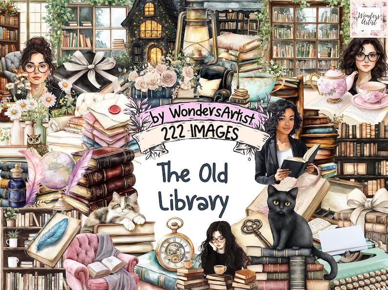 Vintage Library Watercolor Clipart Bundle: 222 PNG Images (commercial ...