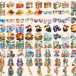 Travel Watercolor Clipart Bundle - 668 PNG Summer Vacation Journey ...