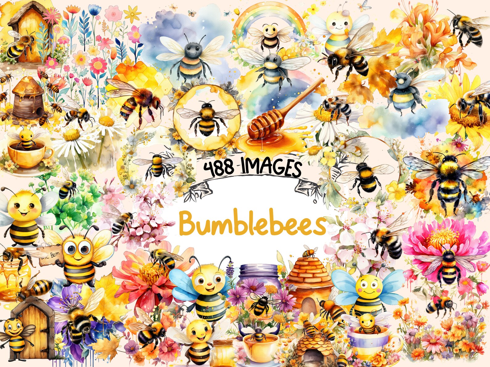 Bumblebees Watercolor Clipart Bundle: 488 PNG Images (commercial Use ...