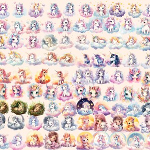 Baby Unicorns Watercolor Clipart Bundle 585 PNG Cute Little Unicorn ...