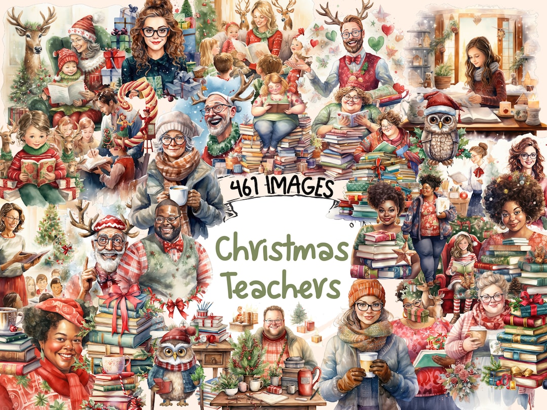 Christmas Teachers Watercolor Clipart Bundle - 461 PNG Festive Images ...