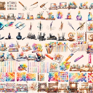 Watercolor Art Supplies Clipart Bundle: 337 PNG Graphics (digital ...