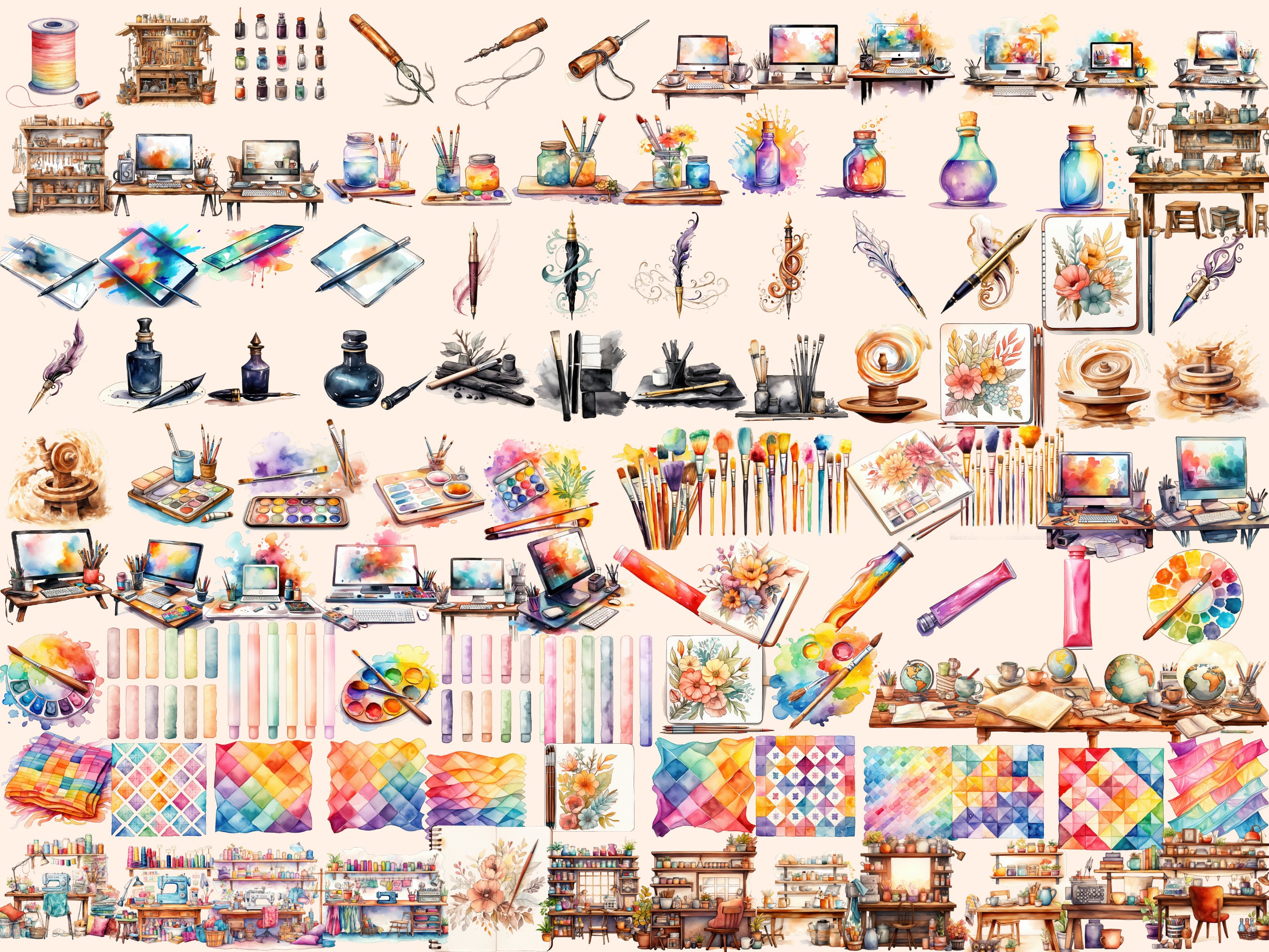 Watercolor Art Supplies Clipart Bundle: 337 PNG Graphics (digital ...